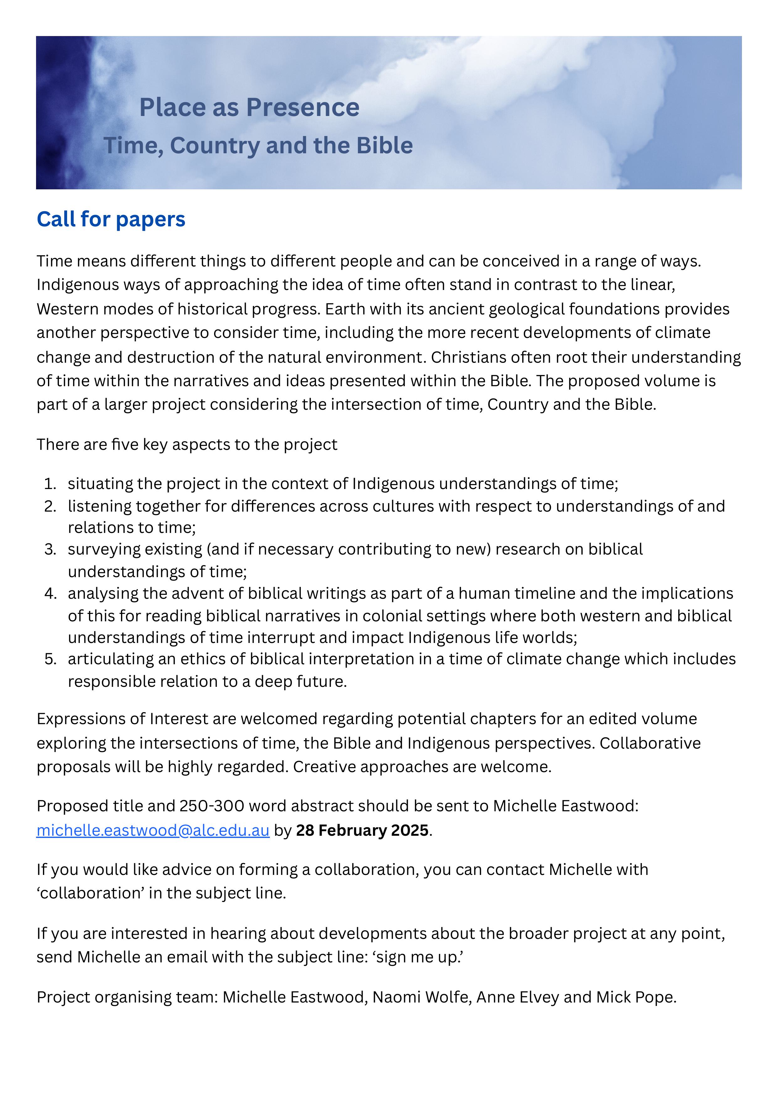 Expressions of Interest – Place is Presence: Time Country Bible
